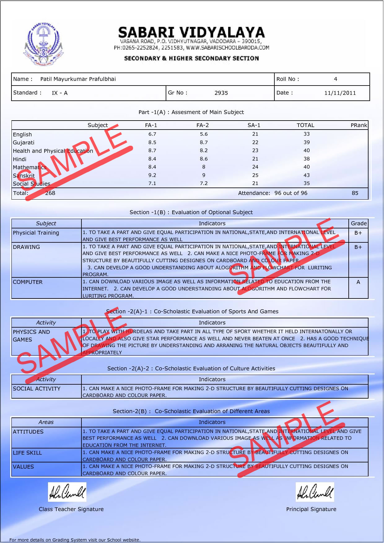 Sample Marksheet